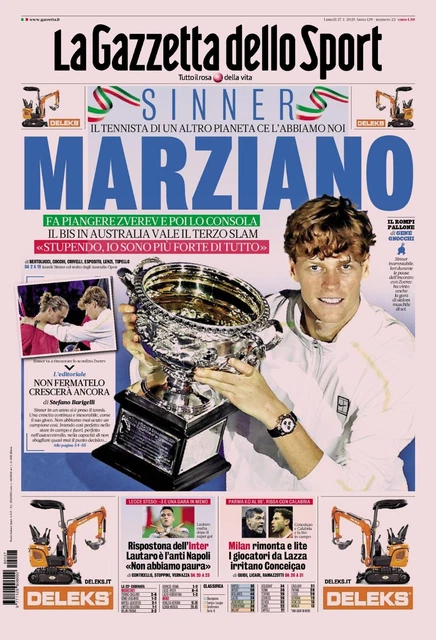 GAZETTE DELLO SPORT 27/1/2025 Jannik Sinner Vs Zverev 3-0 Australian ...