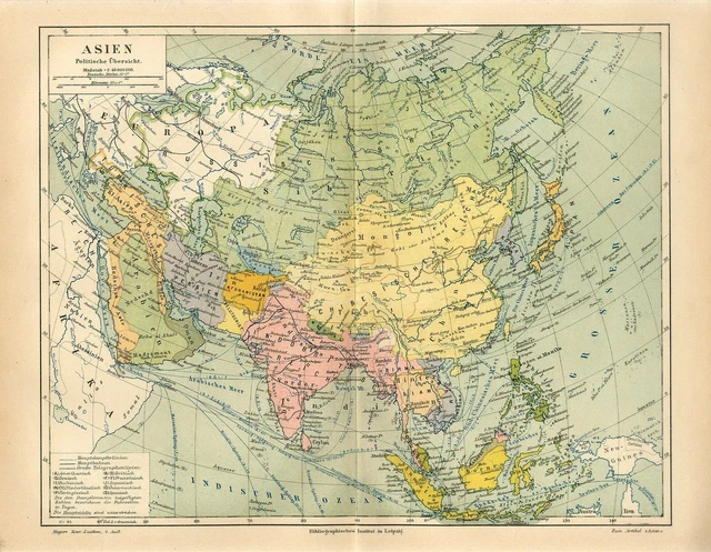 1885 ASIA POLITICAL MAP RUSSIA CHINA INDIA SIAM JAPAN KOREA VIETNAM Map ...