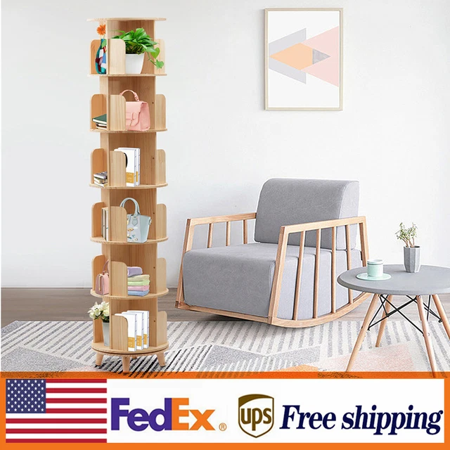 ROTATING BOOKSHELF CYLINDRICAL Wooden Book Rack 6 Tier Plants Storage ...