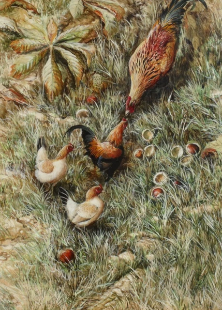 KEN TURNER - Original Oil Painting - Cockerels, Hens & Horse Chestnuts ...