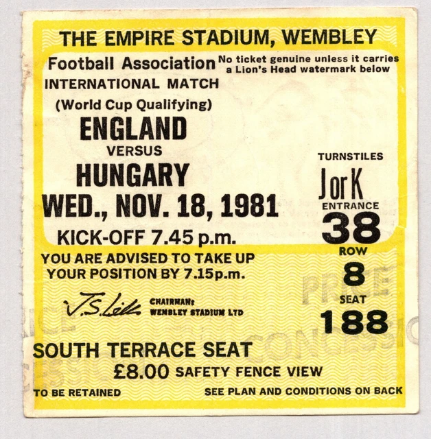 ENGLAND V HUNGARY 1981-1982 FIFA World Cup qualification 18/11/1981 £6. ...