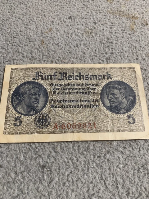 WW2 ORIGINAL GERMAN Bank Note Five Reichsmark £5.20 - PicClick UK