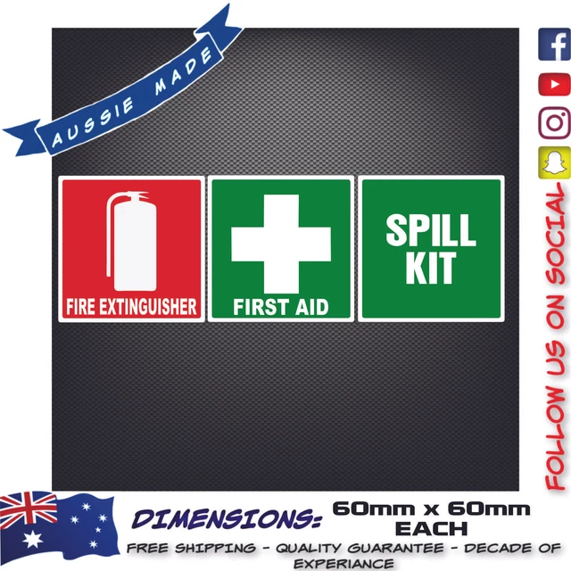 FIRST AID FIRE Extinguisher Spill Kit Decal Sticker X3 Commercial Oh&S ...