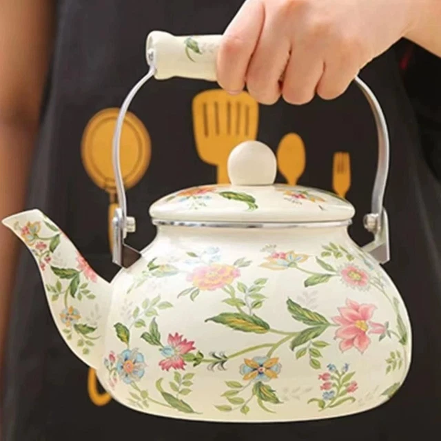 LARGE 2.5L ENAMEL Teapot For Gas/Induction Floral Style Vintage I7Y9 ...