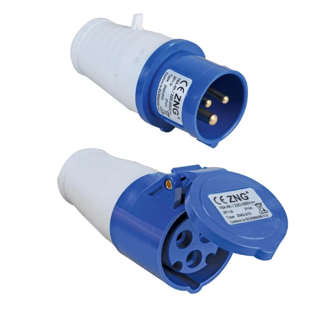 16A 230V CABLE Mount CEE Plug, Socket 2P+E Blue IP44 Male & Female ...