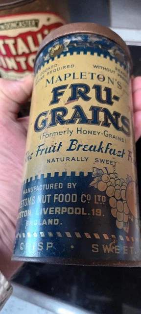 VINTAGE MAPLETONS FRU GRAINS FRUIT BIT BREAKFAST FOOD ADVERTISING TIN ...