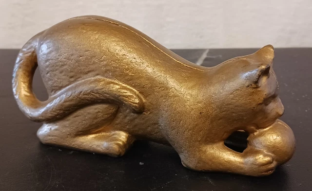 ANTIQUE CAST IRON Cat Playing with Ball Still Bank in Original Gold ...