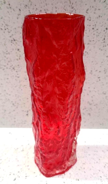 VINTAGE RUBY RED, Orange & Clear Bark Texture Glass 8" Vase Heavy ...