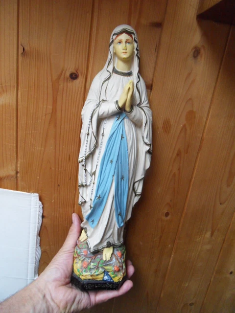 ANTIQUE RELIGIOUS STATUE Nd De Heavy Plate Polychrome E. Lapayre Sign ...