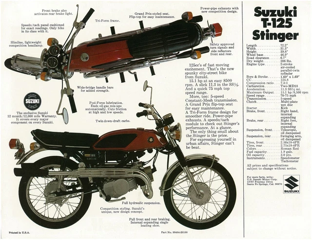 SUZUKI BROCHURE T125 1969 & 1970 Stinger Catalog REPRO $9.95 - PicClick