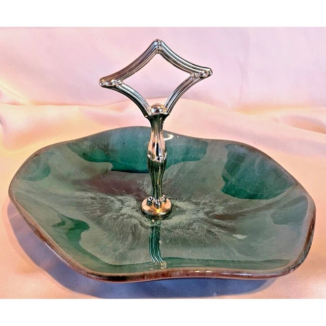 VINTAGE BLUE MOUNTAIN Pottery Handled Dish Tray – 9" Green Drip Glaze ...