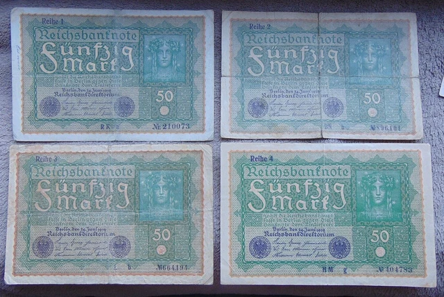 GELDSCHEINE, BANKNOTEN, 4 Reichsbanknoten je über 50 Mark, 1919 Jahr ...