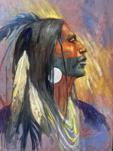 ORIGINAL OIL PAINTING Native American Indian Lakota Warrior WESTERN ART ...