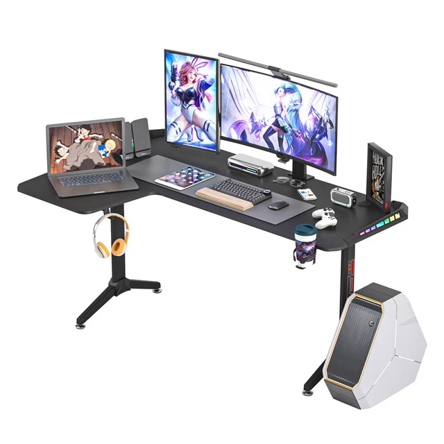 L-SHAPED CORNER GAMING Desk RGB PC Study Table Workstation Streaming ...