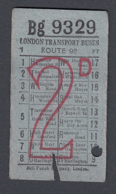 VINTAGE BUS TICKET London Transport Buses 2d Route 98 Hounslow Kingsley ...