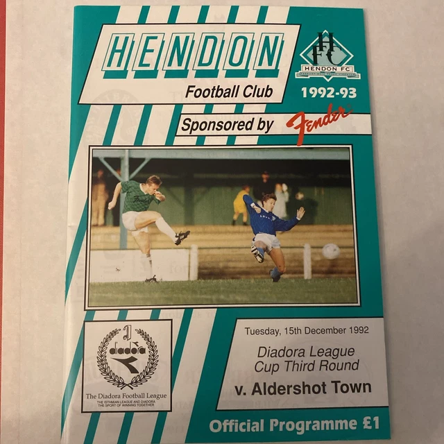 FOOTBALL PROGRAMME HENDON v Aldershot Town 1992-93 Diadora Cup 15/12/92 ...