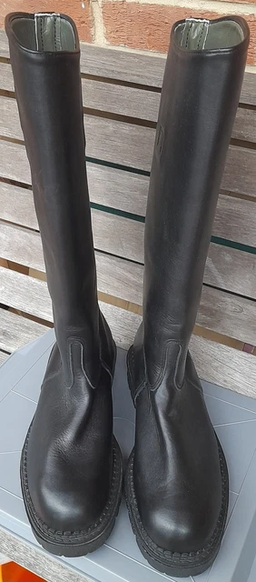 BLACK FINE GRAIN Leather Military Style Knee High Boots Brand New Size ...