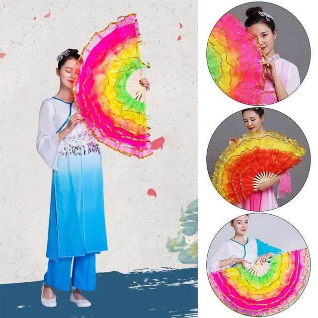 GRADIENT COLOR RAYON Silk Fans Belly Dancing Fan Silk Fans Long Silk ...