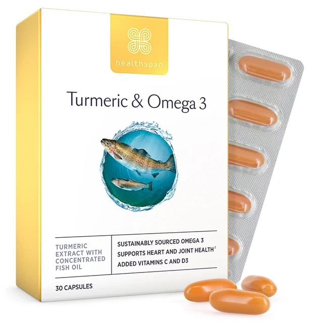 HEALTHSPAN TURMERIC & Omega 3, 30 Capsules, Heart, Joint & Bone Health ...