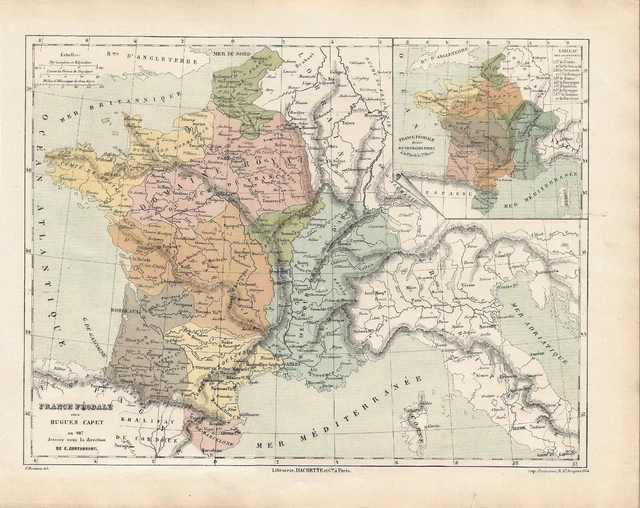 CARTA GEOGRAFICA ANTICA FRANCIA FEUDALE di UGO CAPETO 1867 Antique map ...
