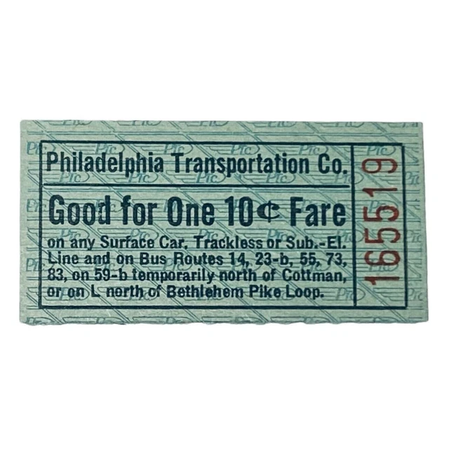 VINTAGE PHILADELPHIA TRANSPORTATION Company 10 Cent Fare Ticket 12 95 vintage-philadelphia-transportation-company-10-cent-fare-ticket-12-95