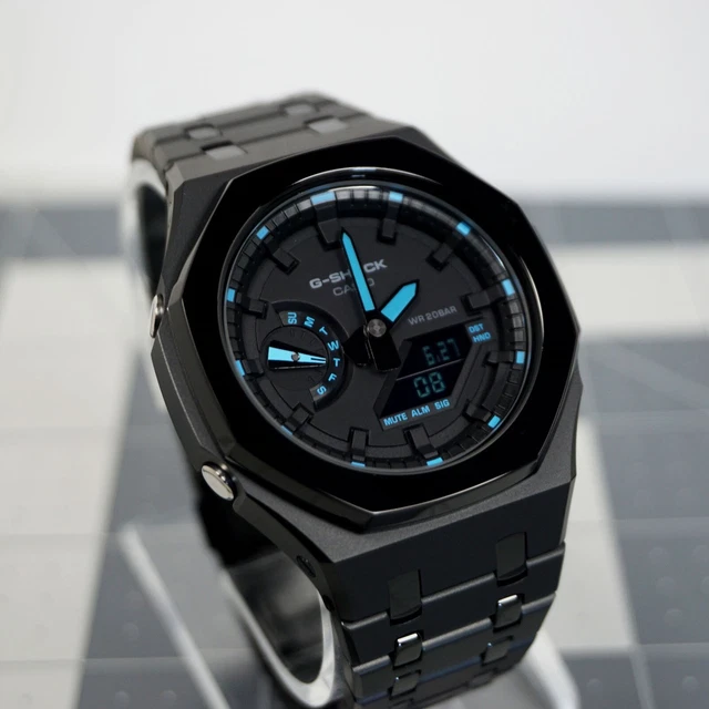 CUSTOM BLACK STEEL Digital Blue Casioak Casio G-Shock Stainless Steel ...
