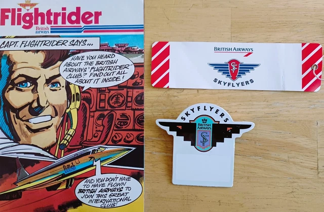 BRITISH AIRWAYS FLIGHT Rider Brochure SKYRIDER Wing Badge & Baggage Tag ...