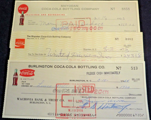 3 DIFFERENT COCA Cola Cheques from the 1960s/70s Super collectible ...