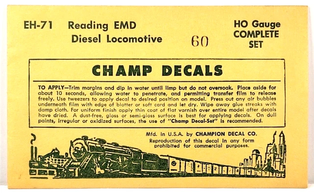 CHAMP HO DECALS #EH-71 Reading EMD Diesel Locomotive $9.59 - PicClick
