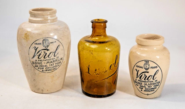 ANTIQUE LYSOL AMBER Glass Bottle + Virol Bone Marrow Stone Jars ...