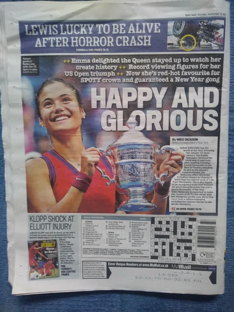 DAILY MAIL NEWSPAPER - EMMA RADUCANU WINS US OPEN FINAL - 13 SEPTEMBER ...