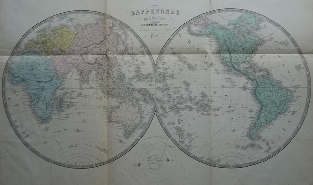 COLOR WORLD MAP BY VUILLEMIN ORIGINAL 1854 CARD, 550mm X 750mm £58.20 ...