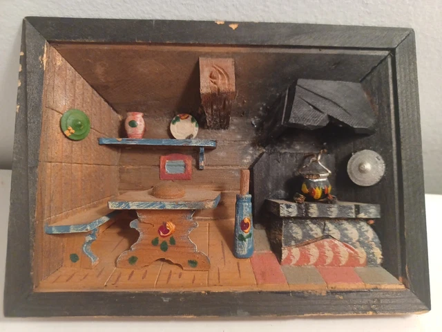 VINTAGE WOODEN WOOD Shadow Box 3D Diorama Old Early Kitchen Handpainted ...