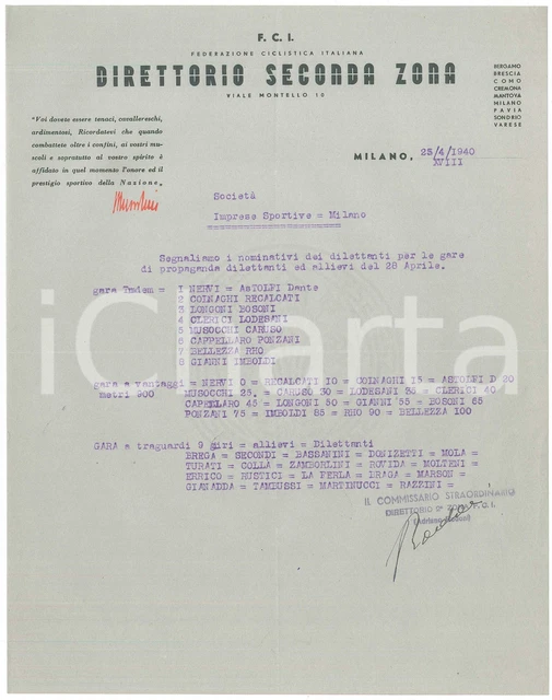 1940 CICLISMO MILANO Direttorio Seconda Zona - Lettera Adriano RODONI ...