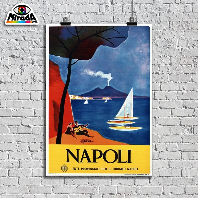 POSTER VINTAGE NAPOLI Vesuvio vulcano città arte Maschio Angioino mare ...