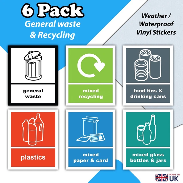 RECYCLING GENERAL WASTE wheelie Bin Stickers -6 Pack Waterproof 110mm x ...