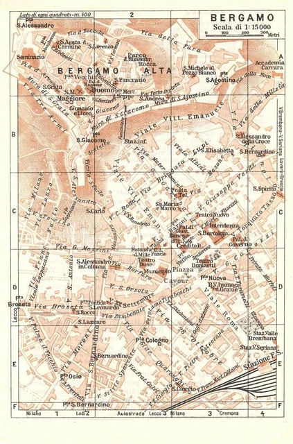 CARTA GEOGRAFICA ANTICA BERGAMO pianta della città TCI 1937 Antique map ...