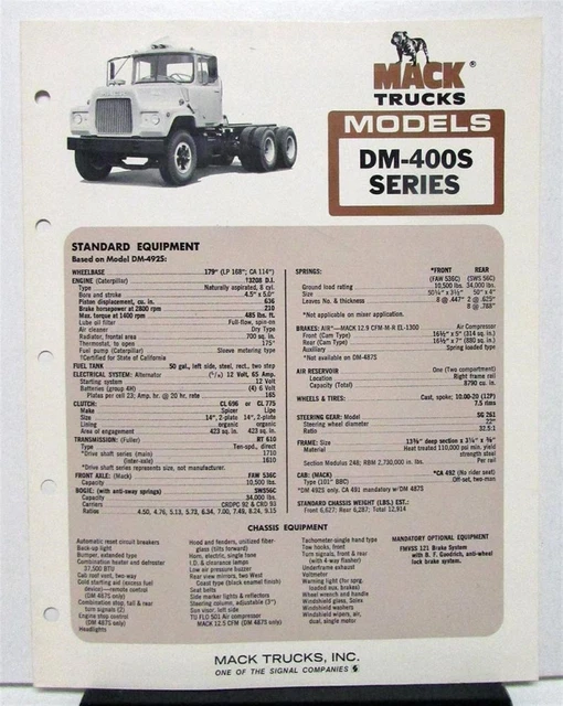1975 MACK TRUCK Model DM 400S Specification Sheet £8.31 - PicClick UK