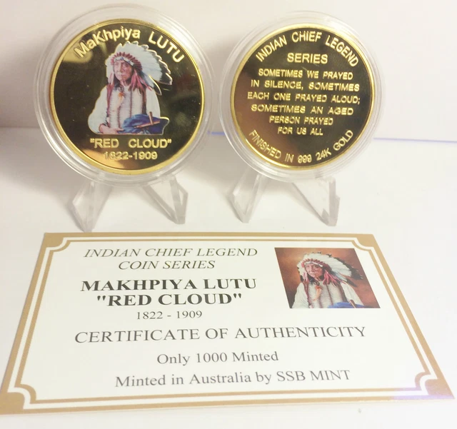 NEW INDIAN CHIEF Series "RED CLOUD" 1 Oz Coin C.O.A. Finished in 999 ...