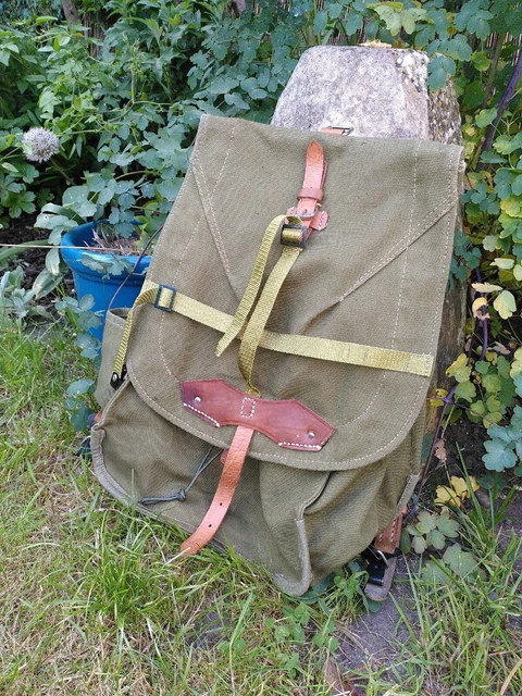 VINTAGE ROMANIAN ARMY Surplus Canvas Rucksack with Leather Straps £22. ...