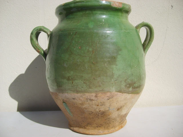 RARE ANCIEN POT EN TERRE CUITE VERNISSE VERT DU SUD-OUEST XIX éme ...