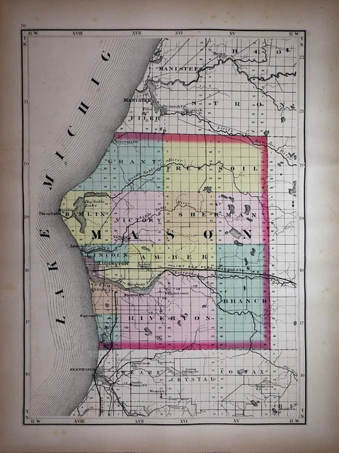 1873 PLAT MAP LUDINGTON, MASON Co., MICHIGAN / SHERMAN, WEXFORD Co. on Reverse £27.01 - PicClick UK