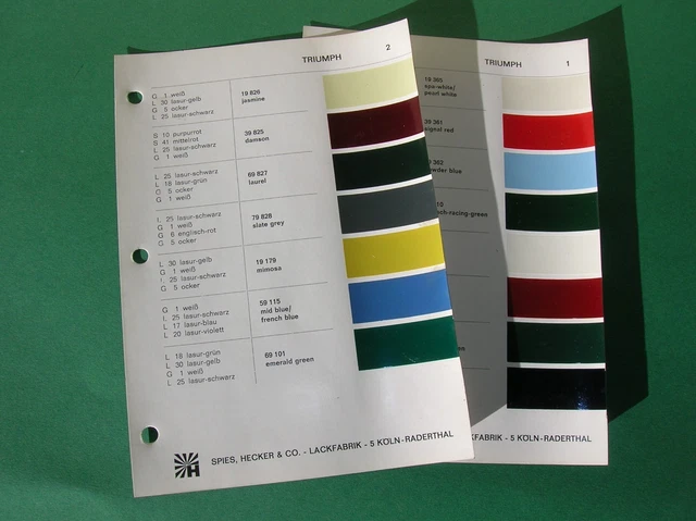 FARBKARTEN COLOR CHARTS TRIUMPH / TR2 TR3 TR4 Spitfire TR6 Herald Stag ...