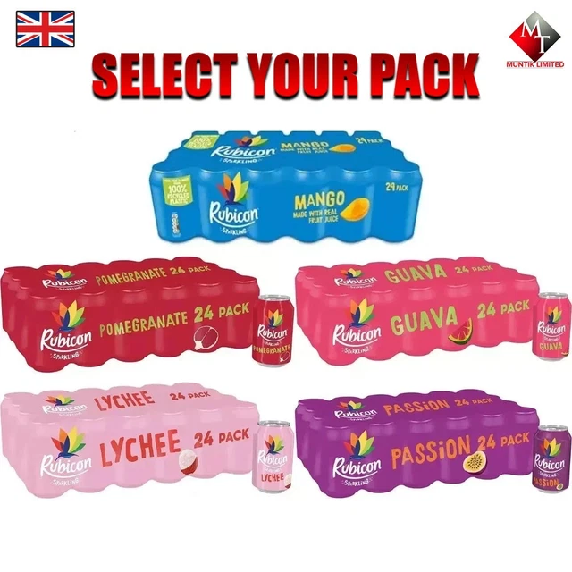 RUBICON JUICE SPARKLING Fizzy Drink Cans, 330ml Pack of 24 All Flavour ...