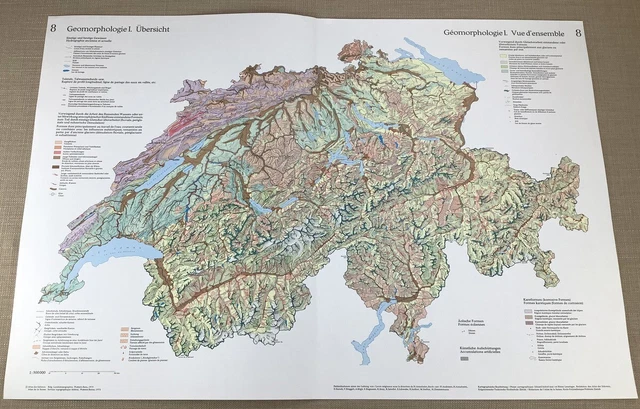 1978 LARGE VINTAGE Map of Switzerland Swiss geomorphological Geography ...
