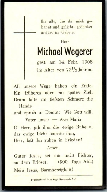 STERBEBILD MICHAEL WEGERER 1968 Neumarkt Oberpfalz Oberpfalz EUR 7,00 ...