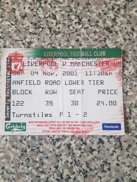 MATCH TICKET PREMIER LEAGUE LIVERPOOL V MAN UTD 4th nov 2001 £1.79 ...