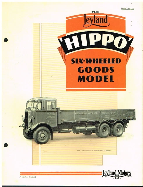 LEYLAND HIPPO RIGID Truck Chassis Original 1938 Factory Sales Brochure ...