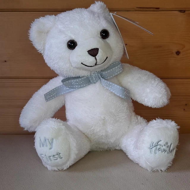 HAMLEYS MY FIRST TEDDY BEAR PLUSH SOFT TOY WHITE GREY RIBBON WASHABLE ...