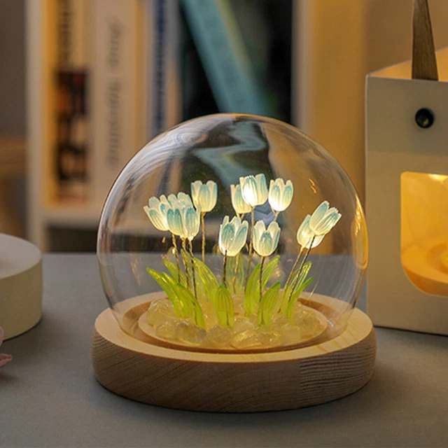 TULIP NIGHT LIGHT LED Lamp Glass Artificial Flower Bedroom Table Lamp ...